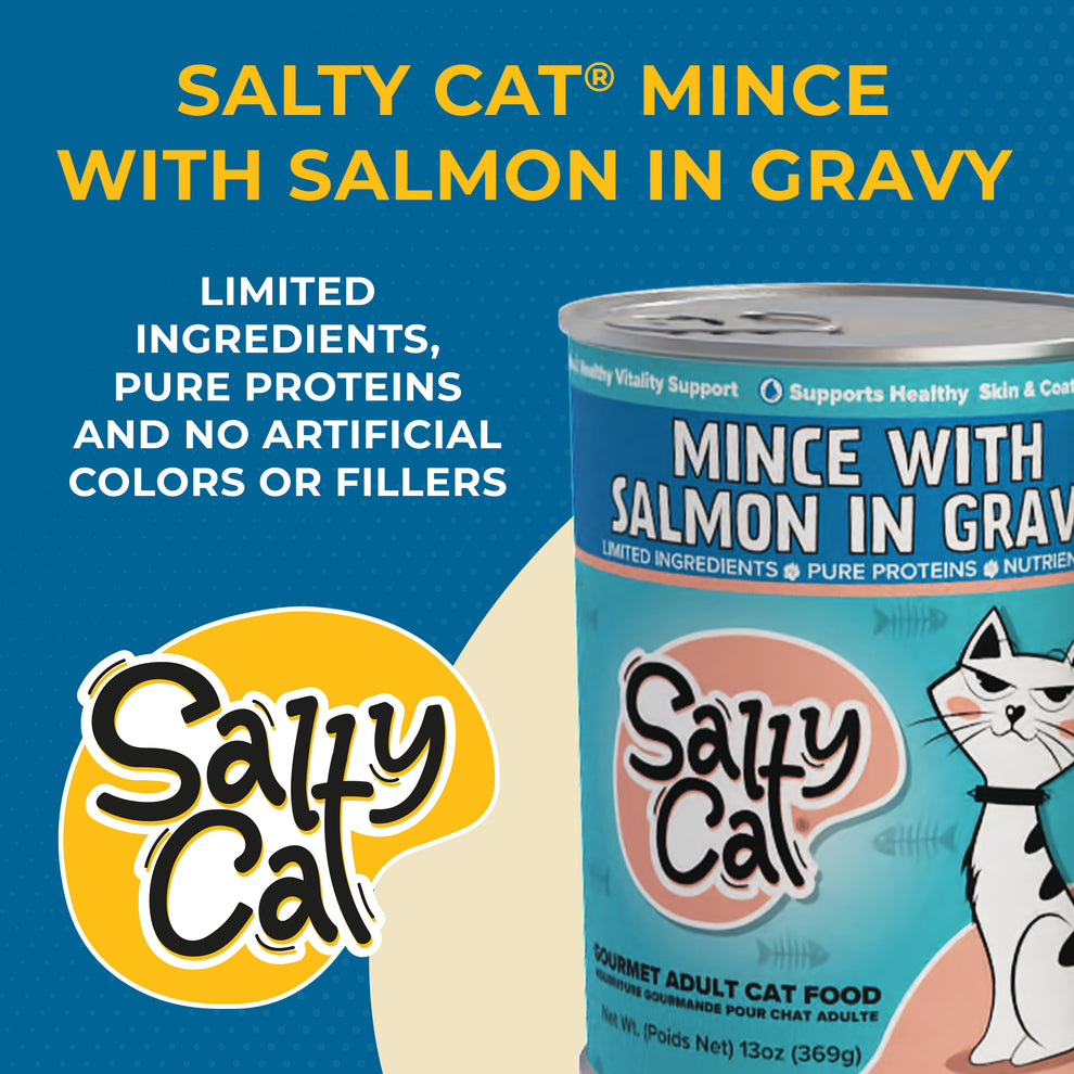 Salty Cat Mince with Salmon in Gravy Wet Cat Food 13 oz – Pet Krewe